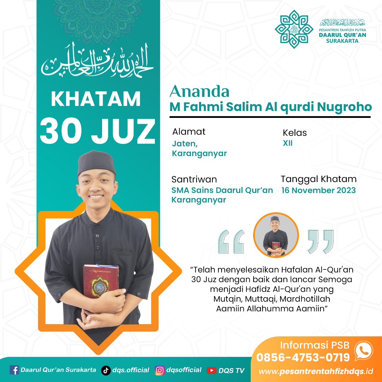 Selamat Buat Ananda M. Fahmi Salim Al Qurdi Nugroho Sudah Hafal Al-Qur ...